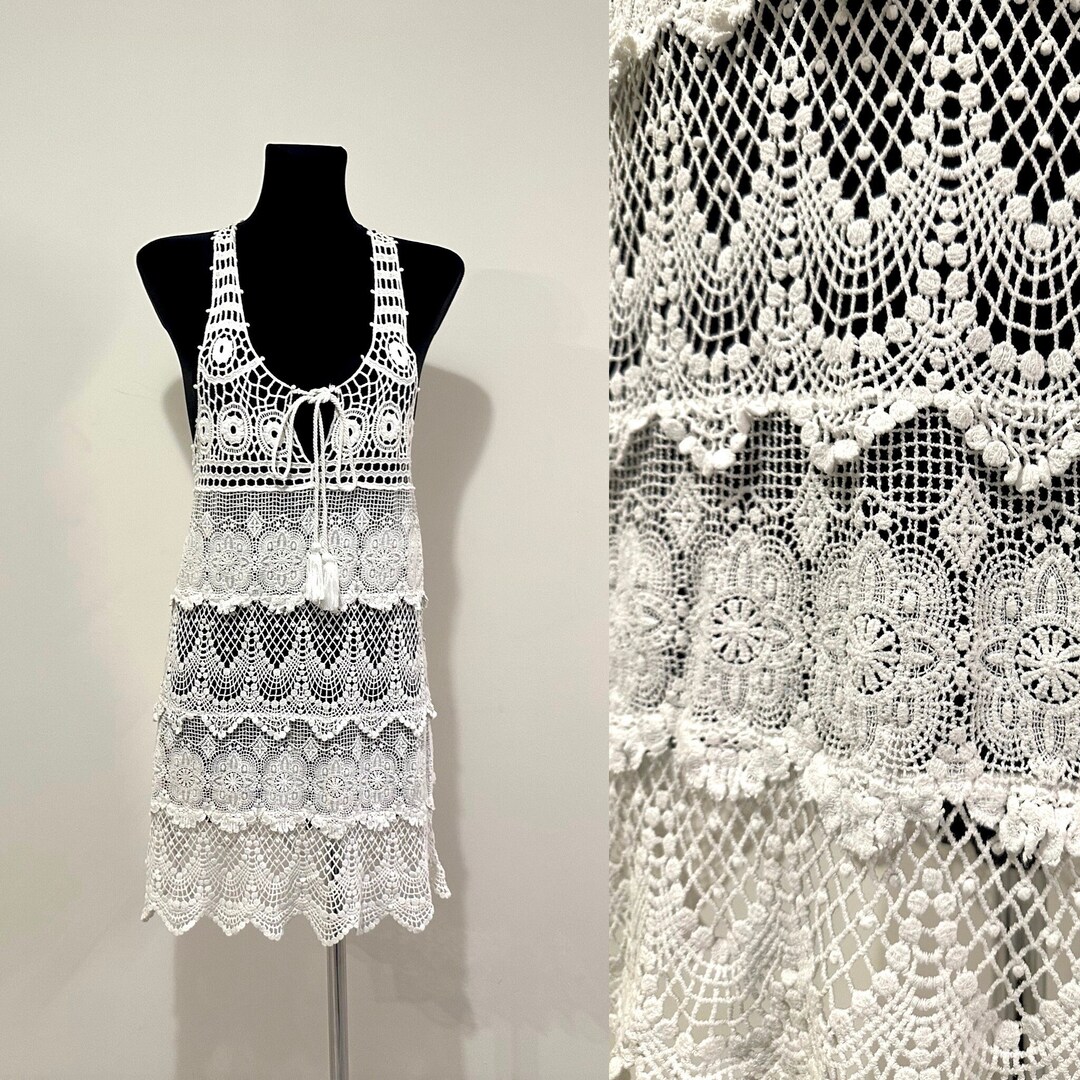 Romantic Transparent Lace White Crochet Cotton Boho Kleid Cover up ...