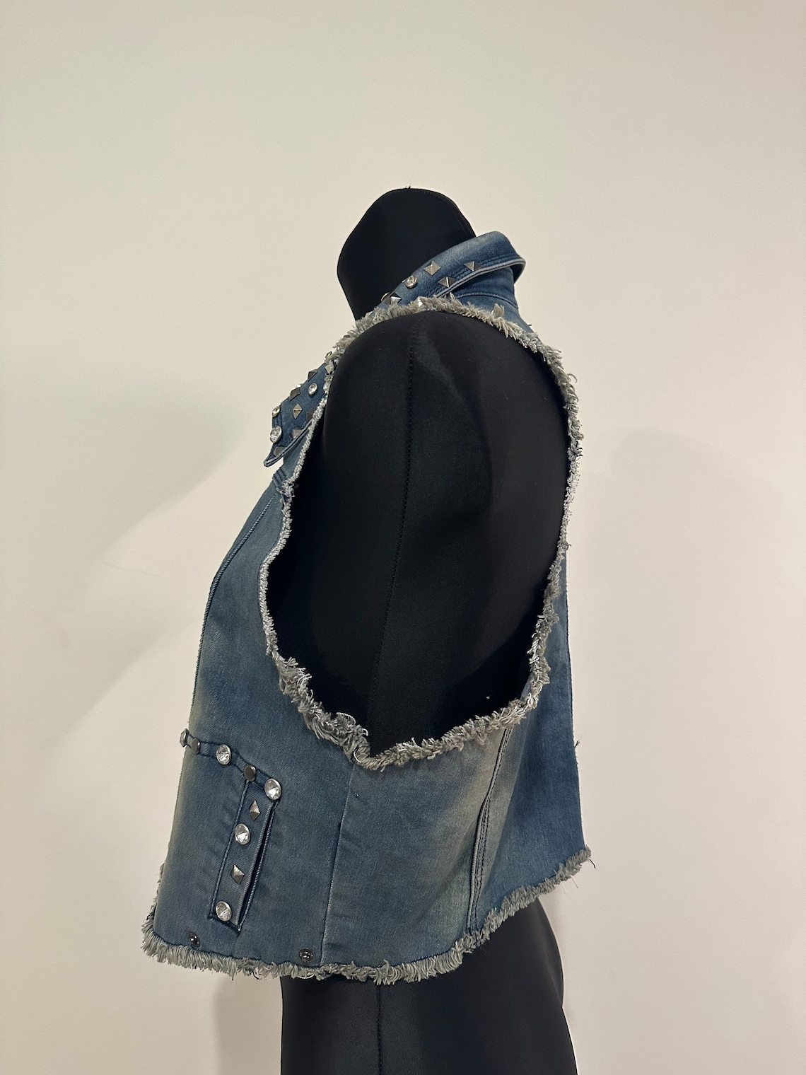 Vintage Vest Solid Denim Cropped Tailored Cotton Waistcoat Short Blue ...