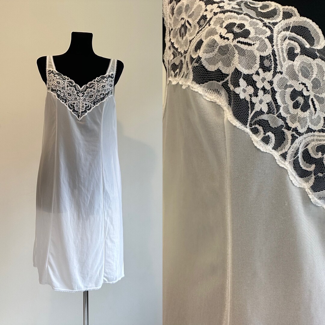 White Full Slip Negligee Nylon Lace Lingerie Underwear Nightgown Sexy ...