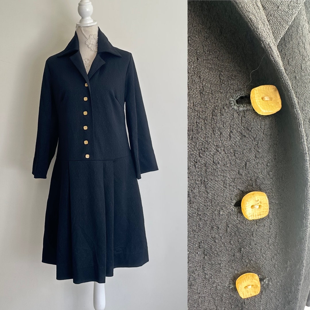 Crimplene Black Dress 70s Vintage Long Wide Bell Sleeves Dress Church ...