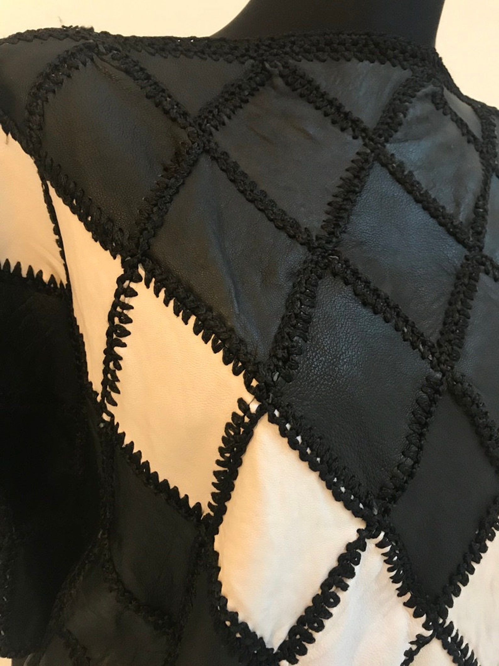 1990's Vintage Rhombus Leather Pullover Black White Crop - Etsy