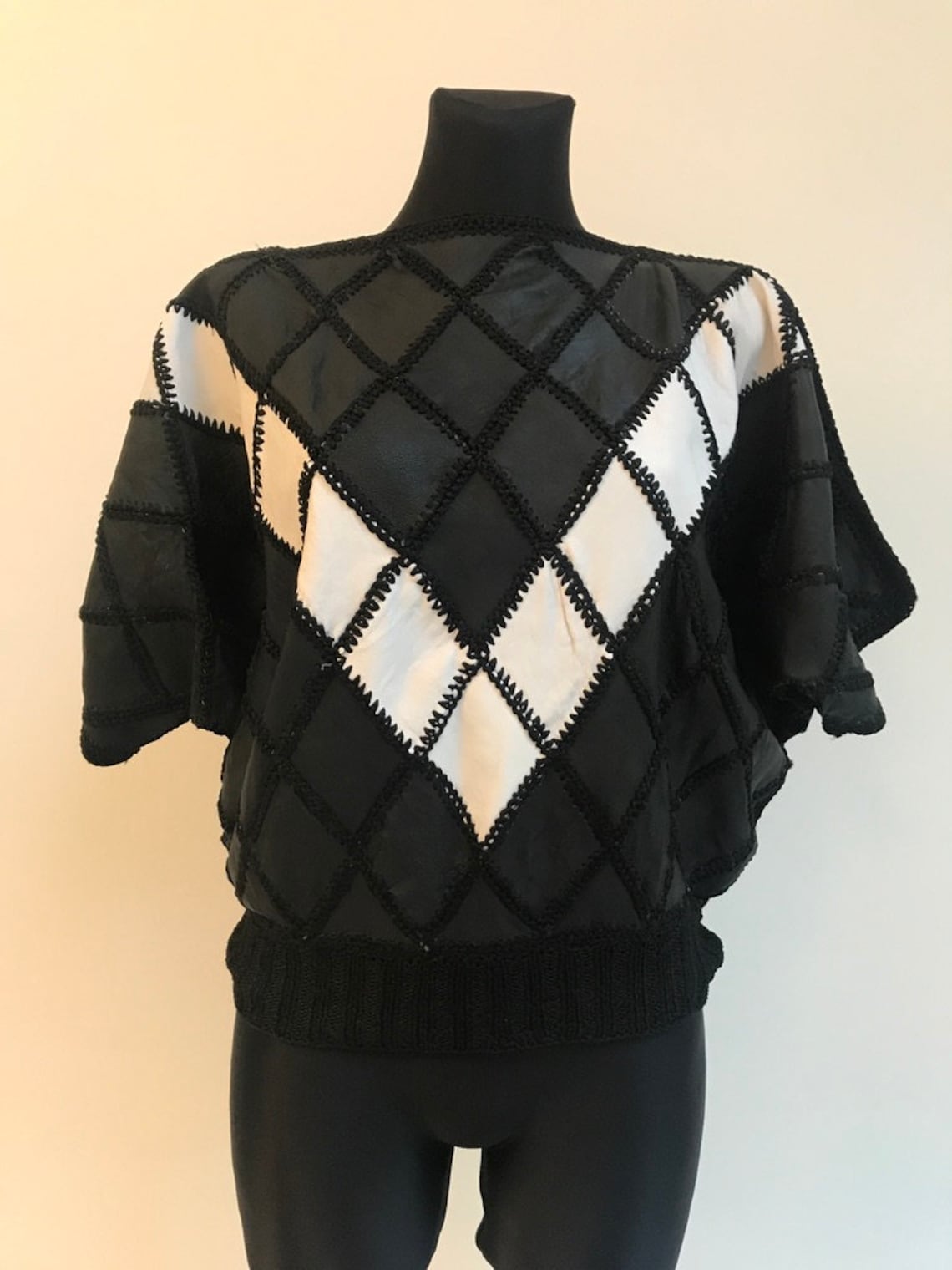 1990's Vintage Rhombus Leather Pullover Black White Crop - Etsy
