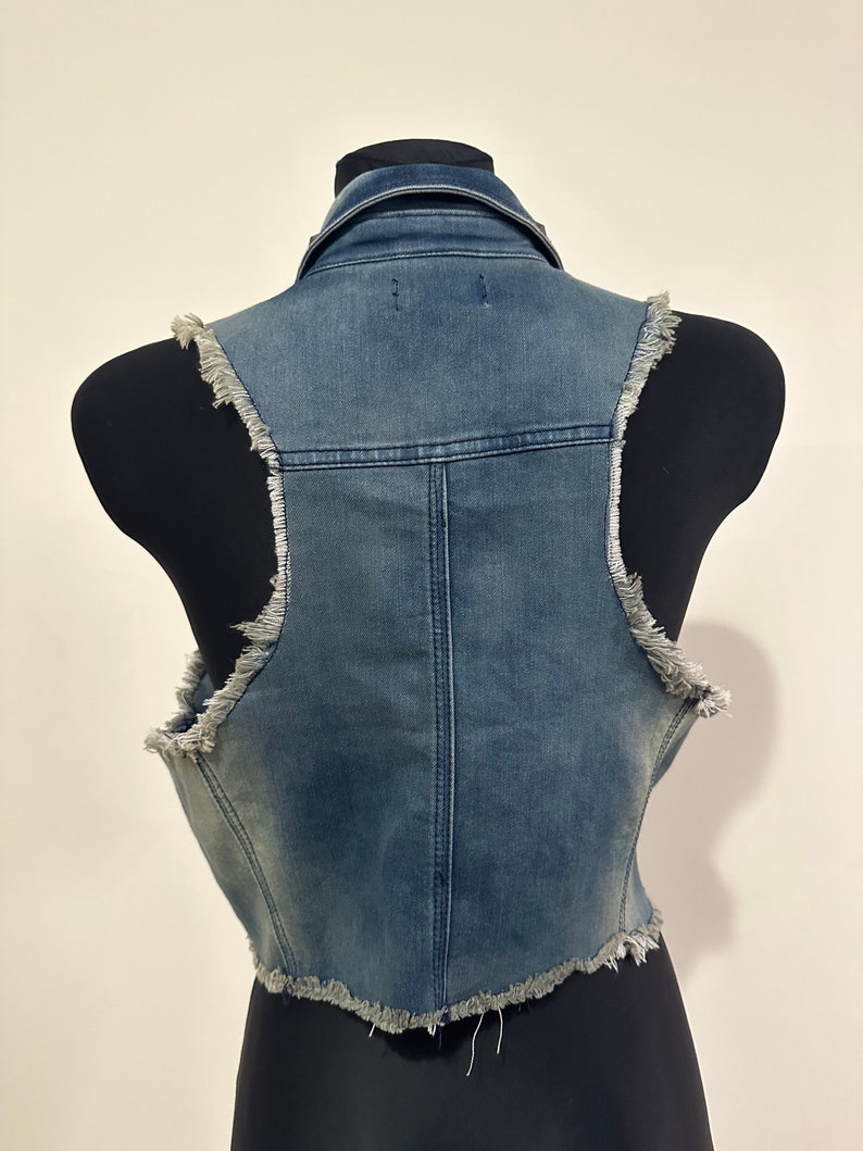 Vintage Vest Solid Denim Cropped Tailored Cotton Waistcoat Short Blue ...