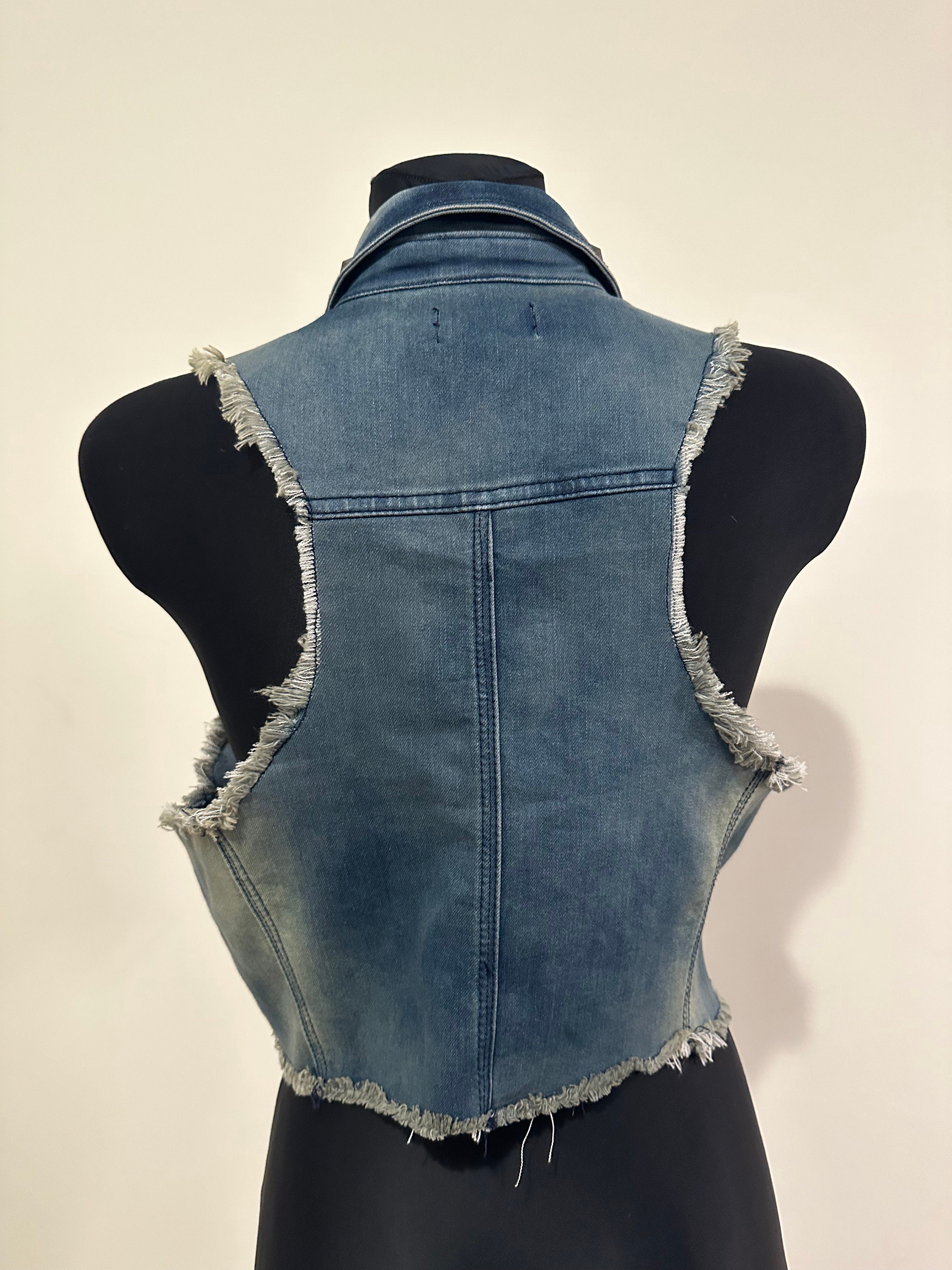 Vintage Vest Solid Denim Cropped Tailored Cotton Waistcoat Short Blue ...