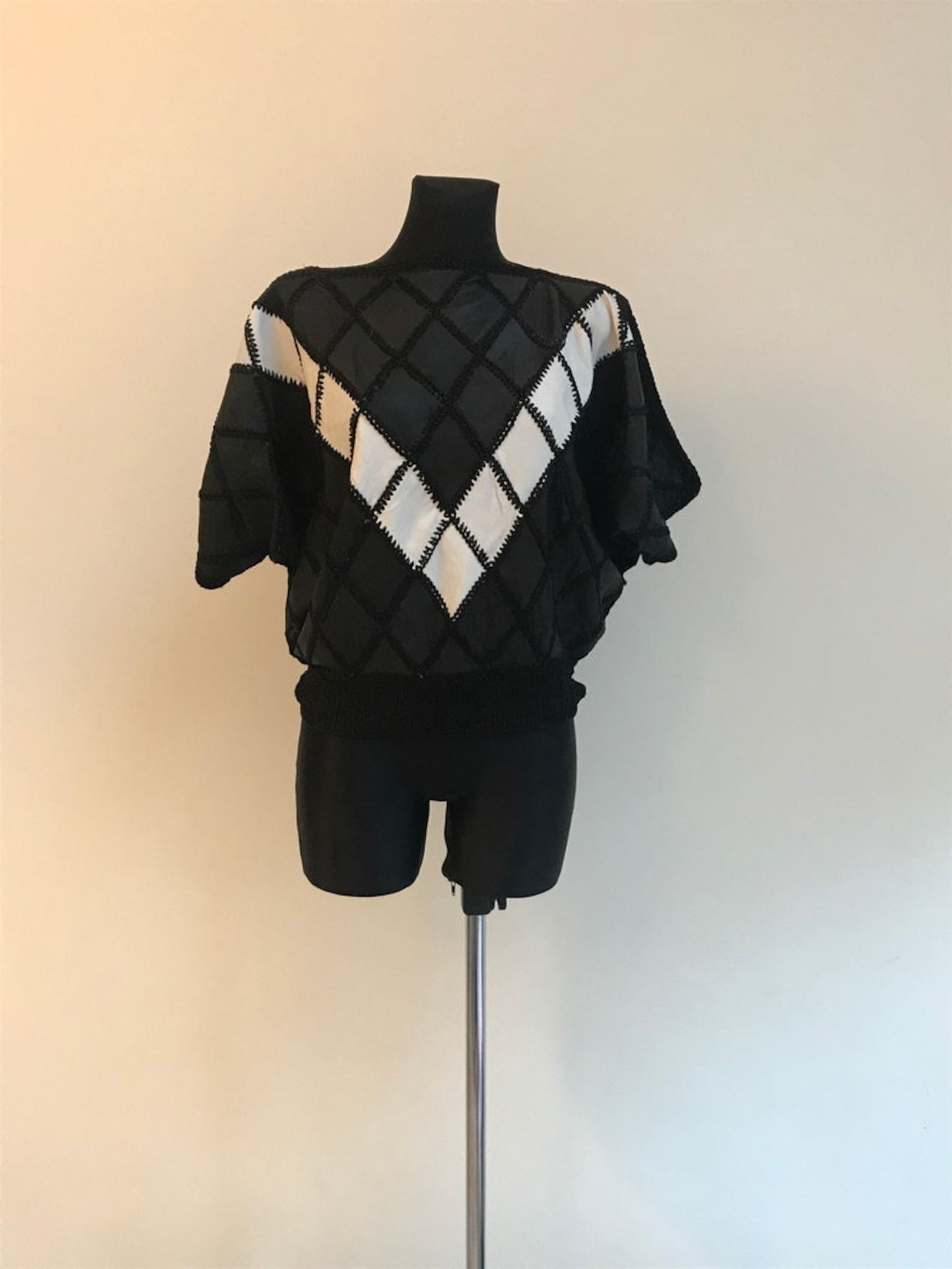 1990's Vintage Rhombus Leather Pullover Black White Crop - Etsy