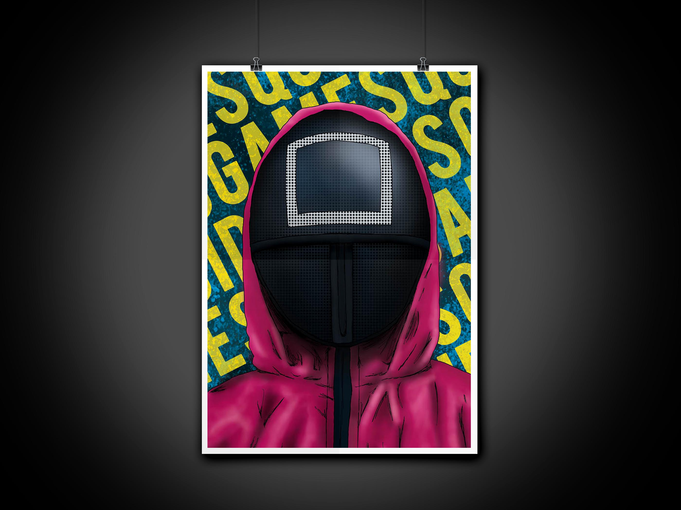 Squid Pink Soldier Game Color Portrait Art Illustration Print Wall Art ...