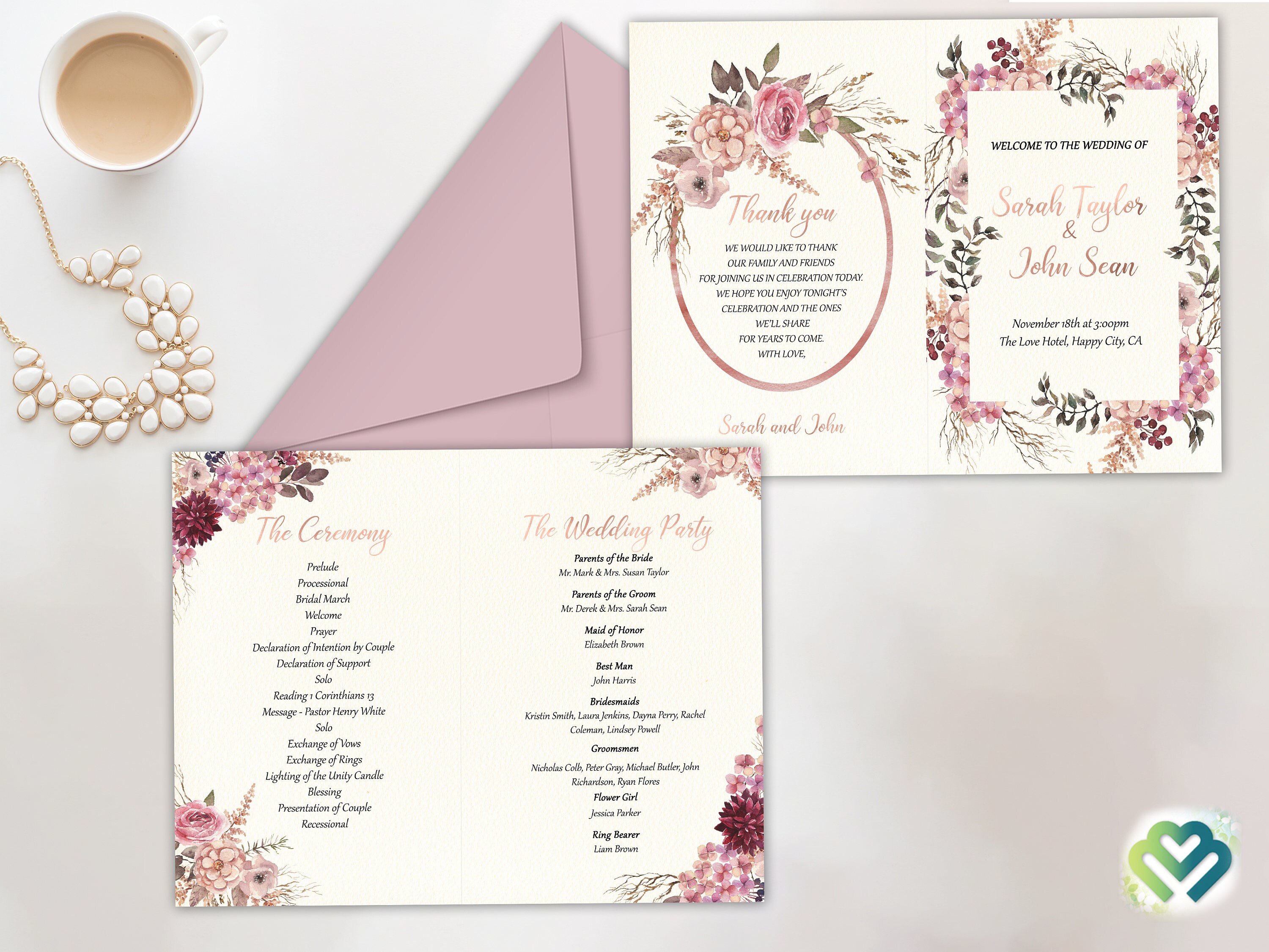 Burgundy Floral Folded Wedding Program Printable Wedding | Etsy