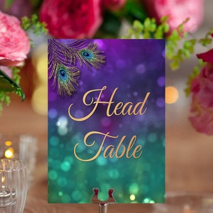 Peacock Wedding Table Numbers Purple Gold Wedding Decor Banquet Table ...