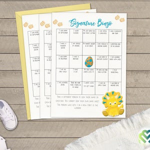 Dinosaur Birthday Signature Bingo Game Cute Dino Birthday Bingo Game ...