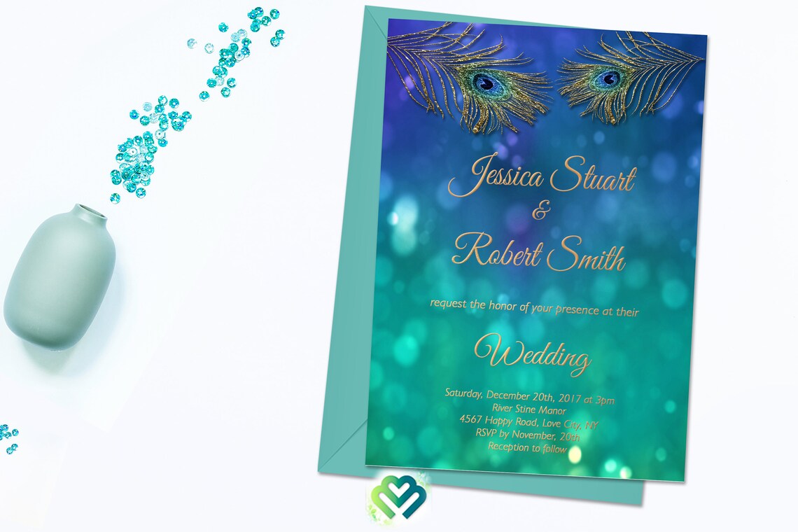 Peacock Wedding Invitation Set Blue Green Peacock Feather | Etsy
