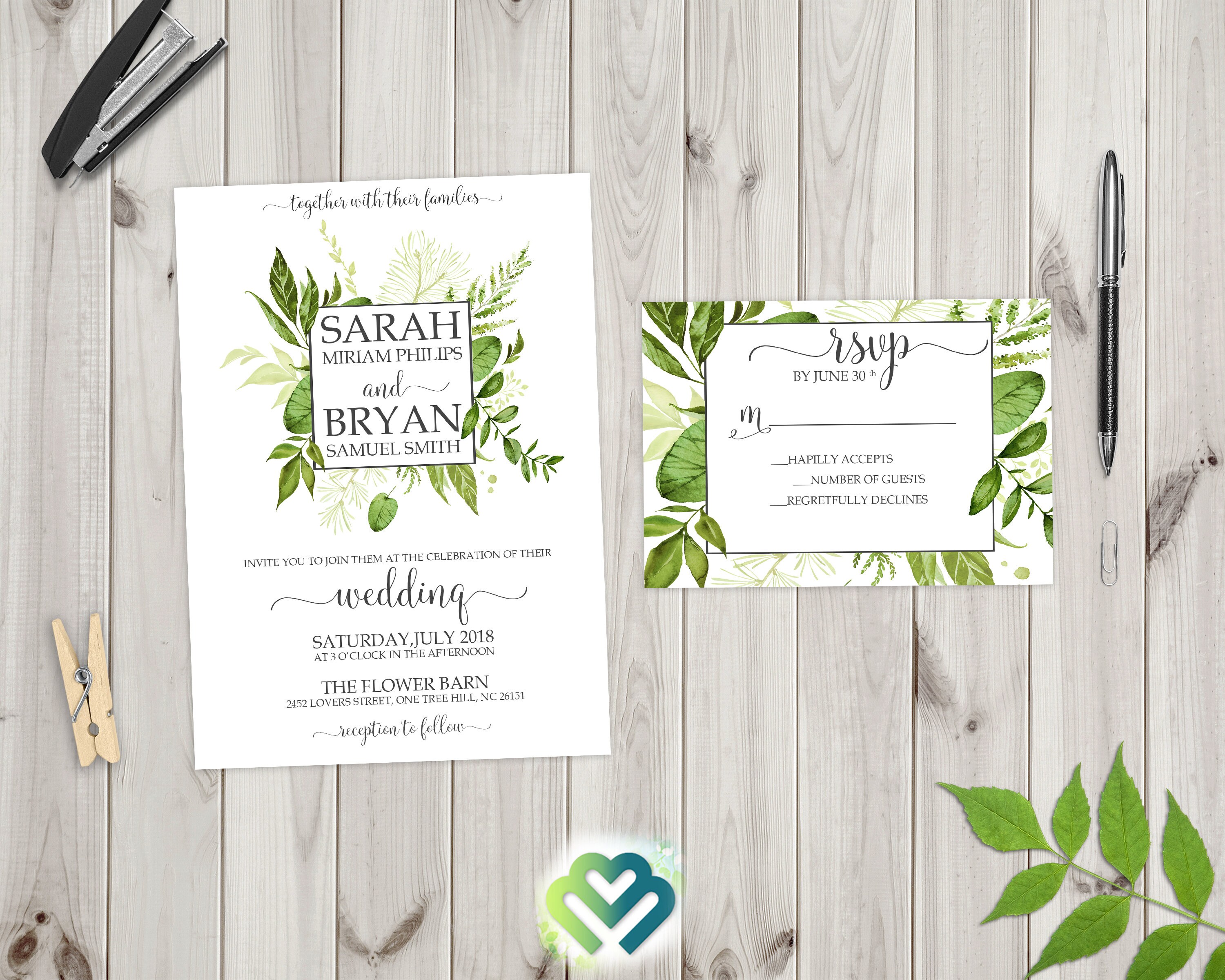 Woodland Wedding Invitation Garden Wedding Modern Nature Green Leaves ...