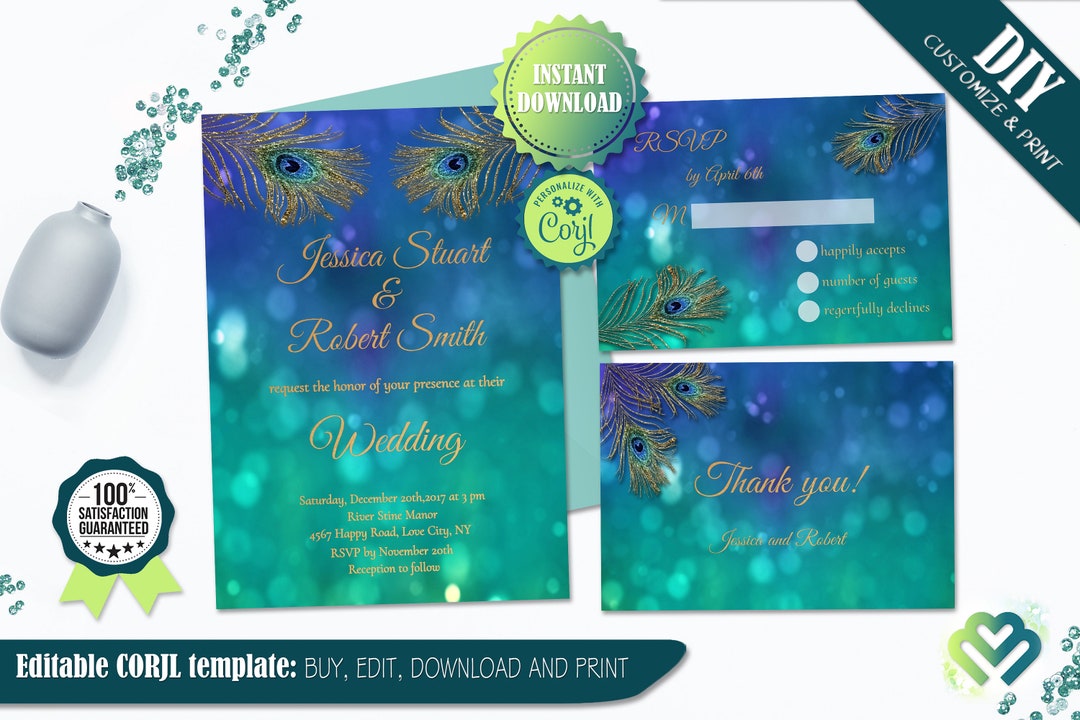 Blue Gold Peacock Wedding Invitation Set Editable Peacock Feather ...