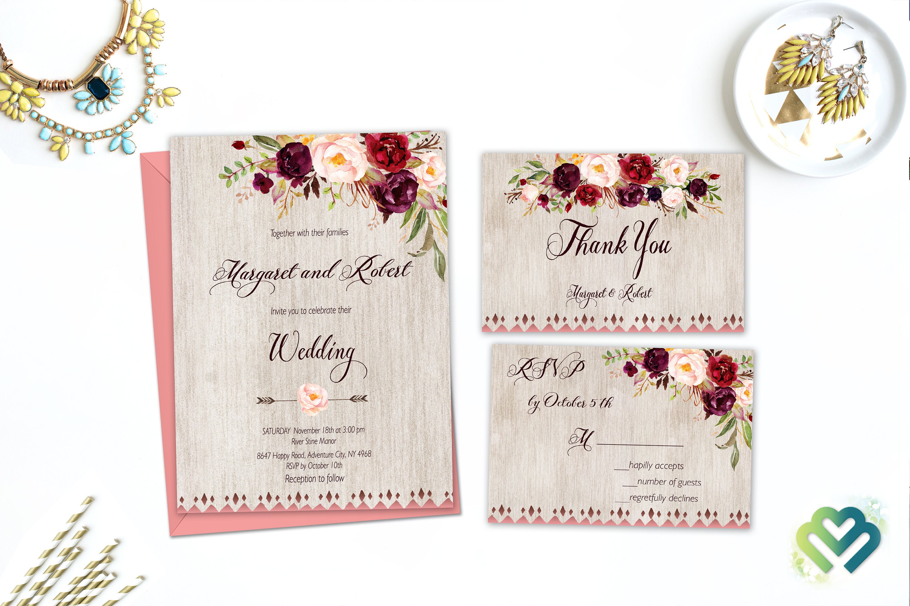 Marsala Burgundy Boho Wedding Invitation Set Floral Rustic - Etsy