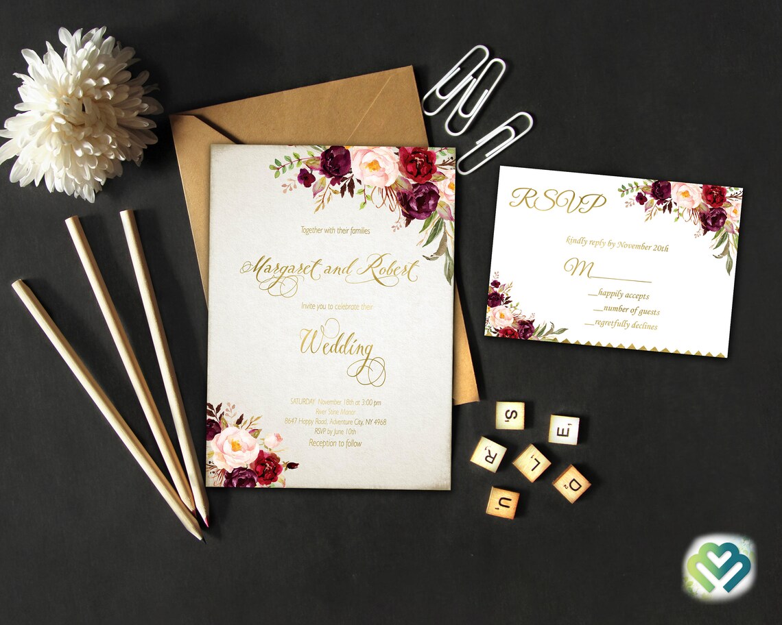 Marsala Burgundy Boho Wedding Invitation Set Marsala Floral Wedding ...
