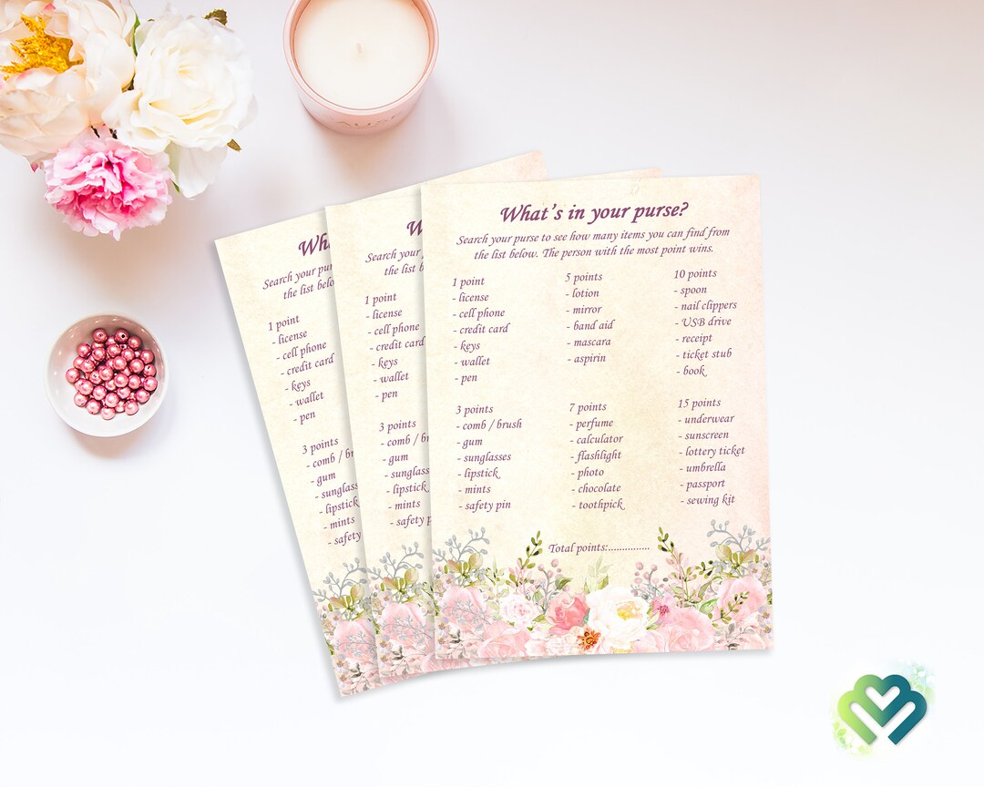 Roses Whats in Your Purse Game Pastel Floral Bridal Shower Purse Game ...