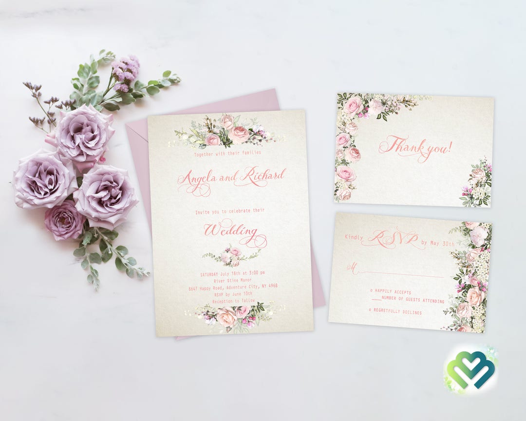 Roses Wedding Invitation Set Romantic Roses Wedding Invitation Floral ...