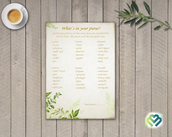 Green Leaf Whats in Your Purse Game Woodland Bridal Shower | Etsy