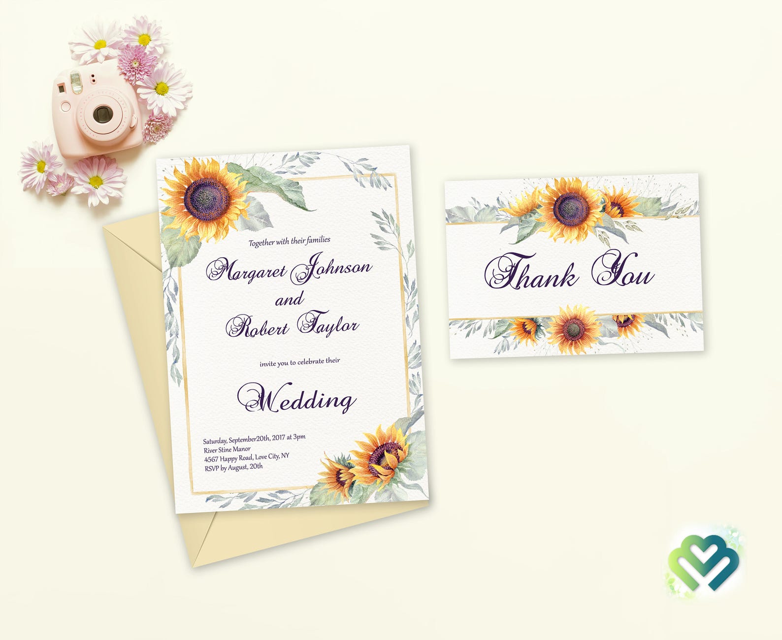 Sunflowers Theme Fall Wedding Invitation Set Printable Wedding Invite ...