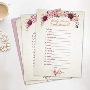 Baby Shower Word Scramble Game Burgundy Rose Gold Floral Printable Quiz ...