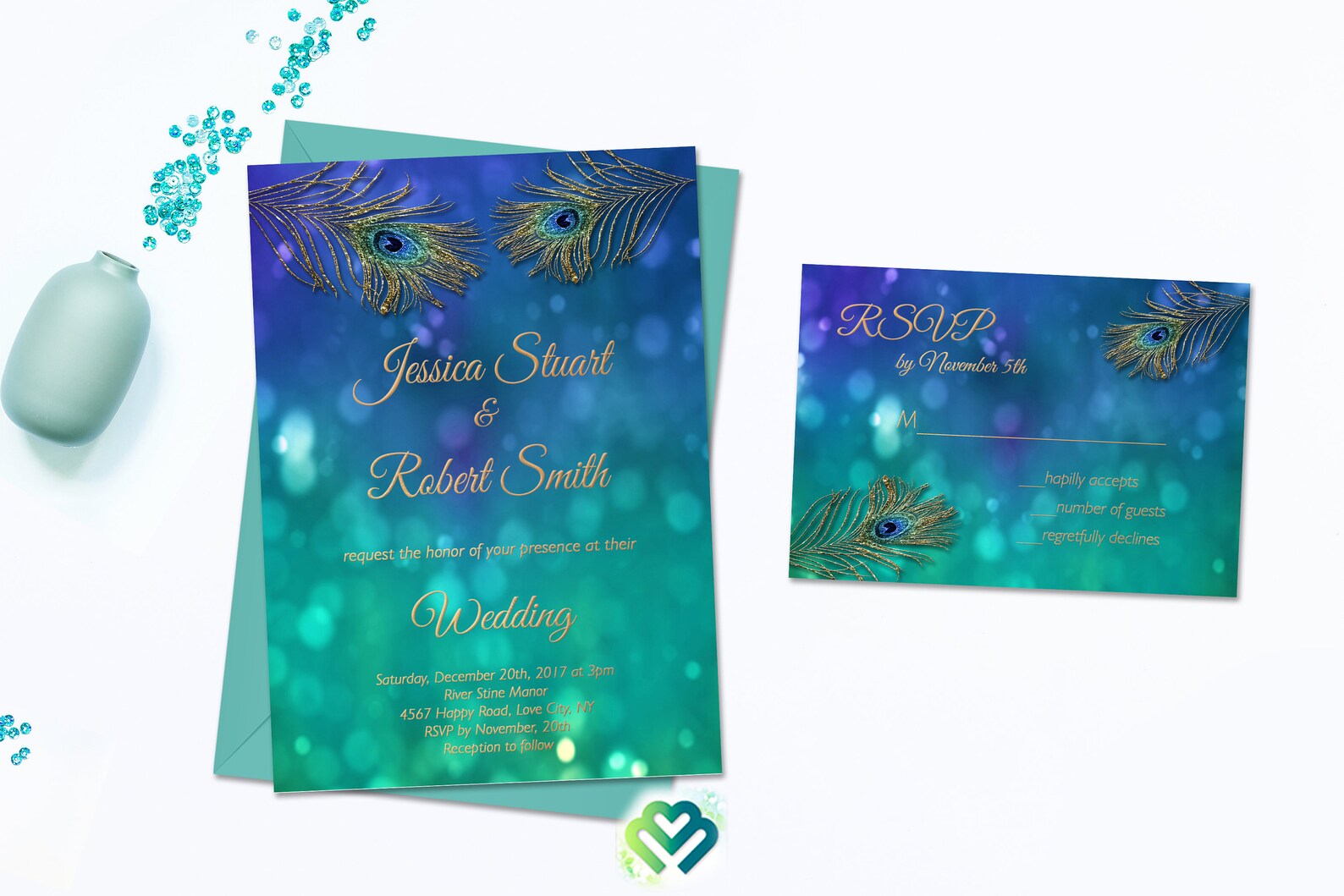 Peacock Wedding Invitation Set Blue Green Peacock Feather | Etsy