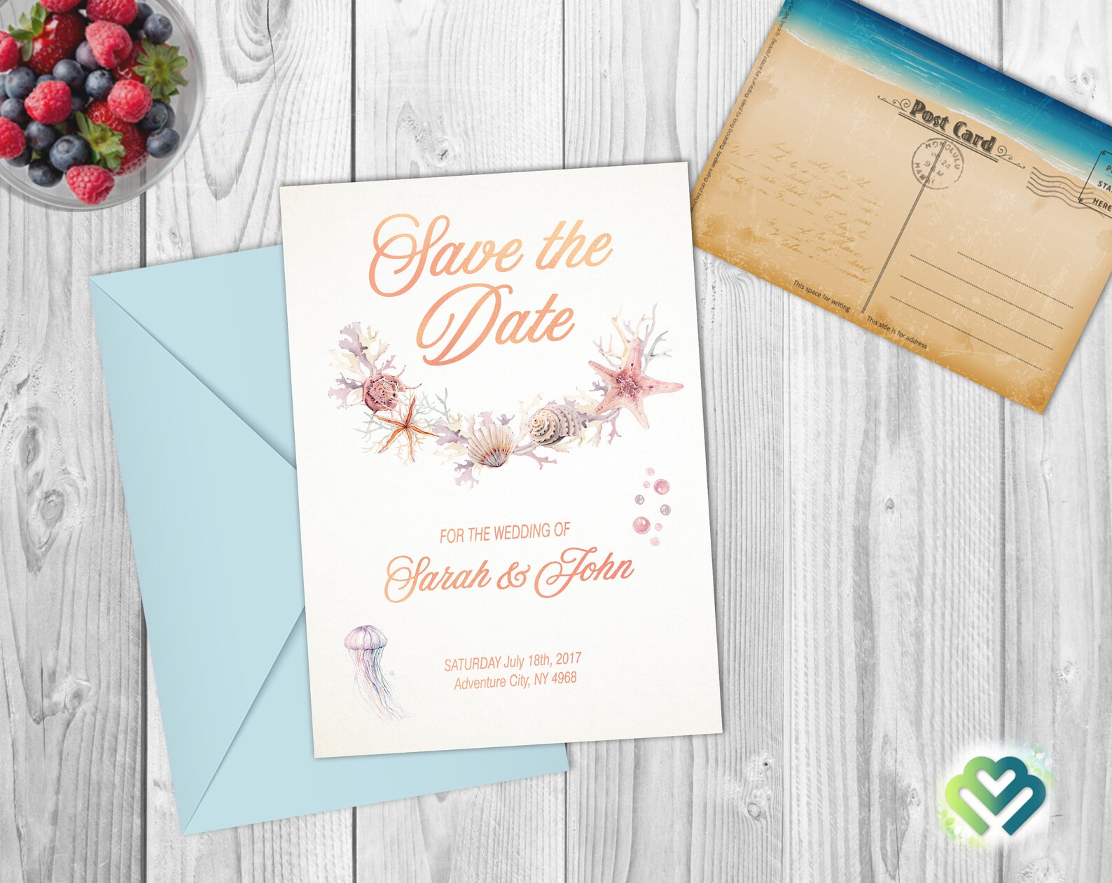 Beach Save the Date Seaside Save the Date Ocean Coral Seashell Starfish ...