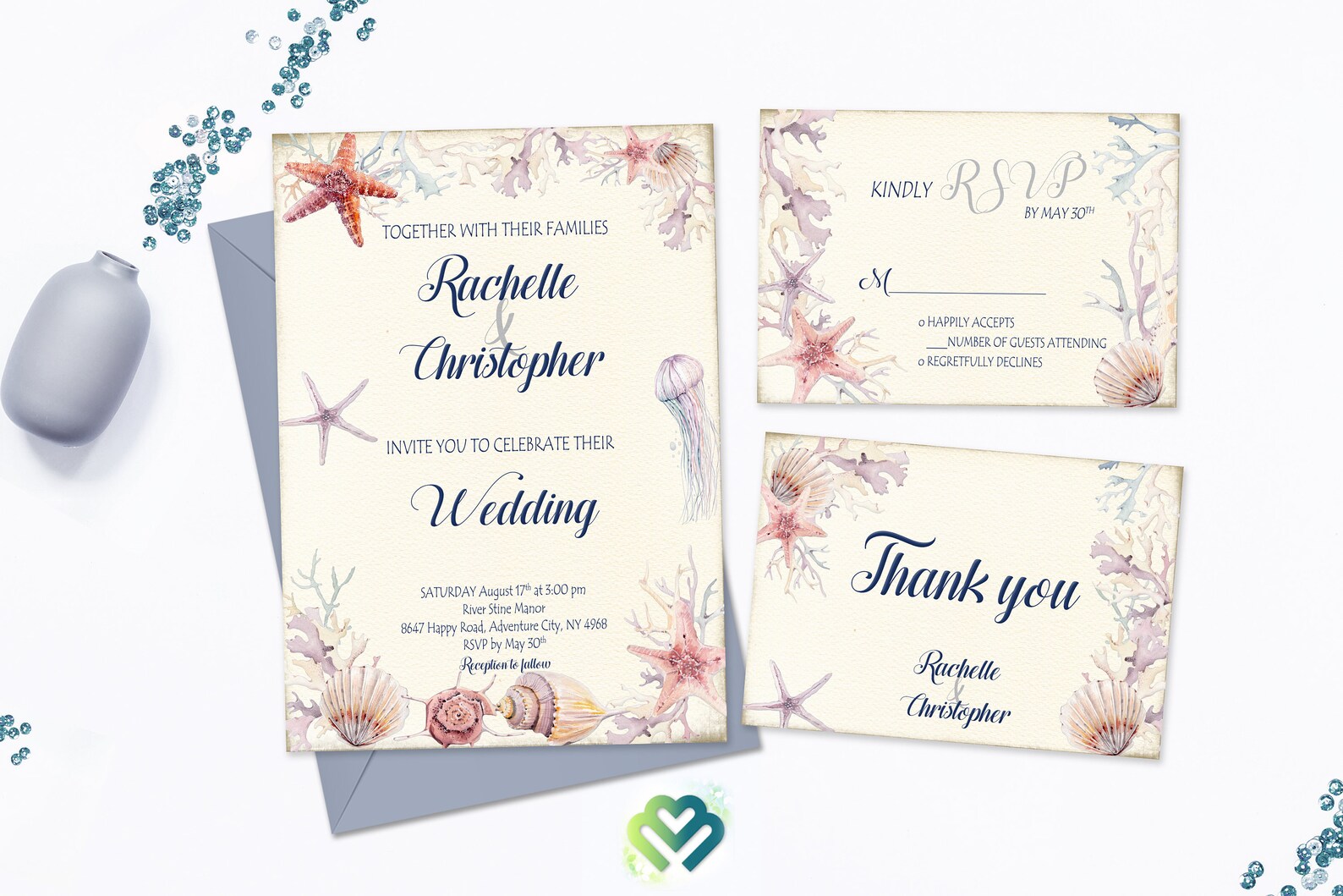 Beach Theme Wedding Invitation Set Navy Seaside Wedding Invite - Etsy