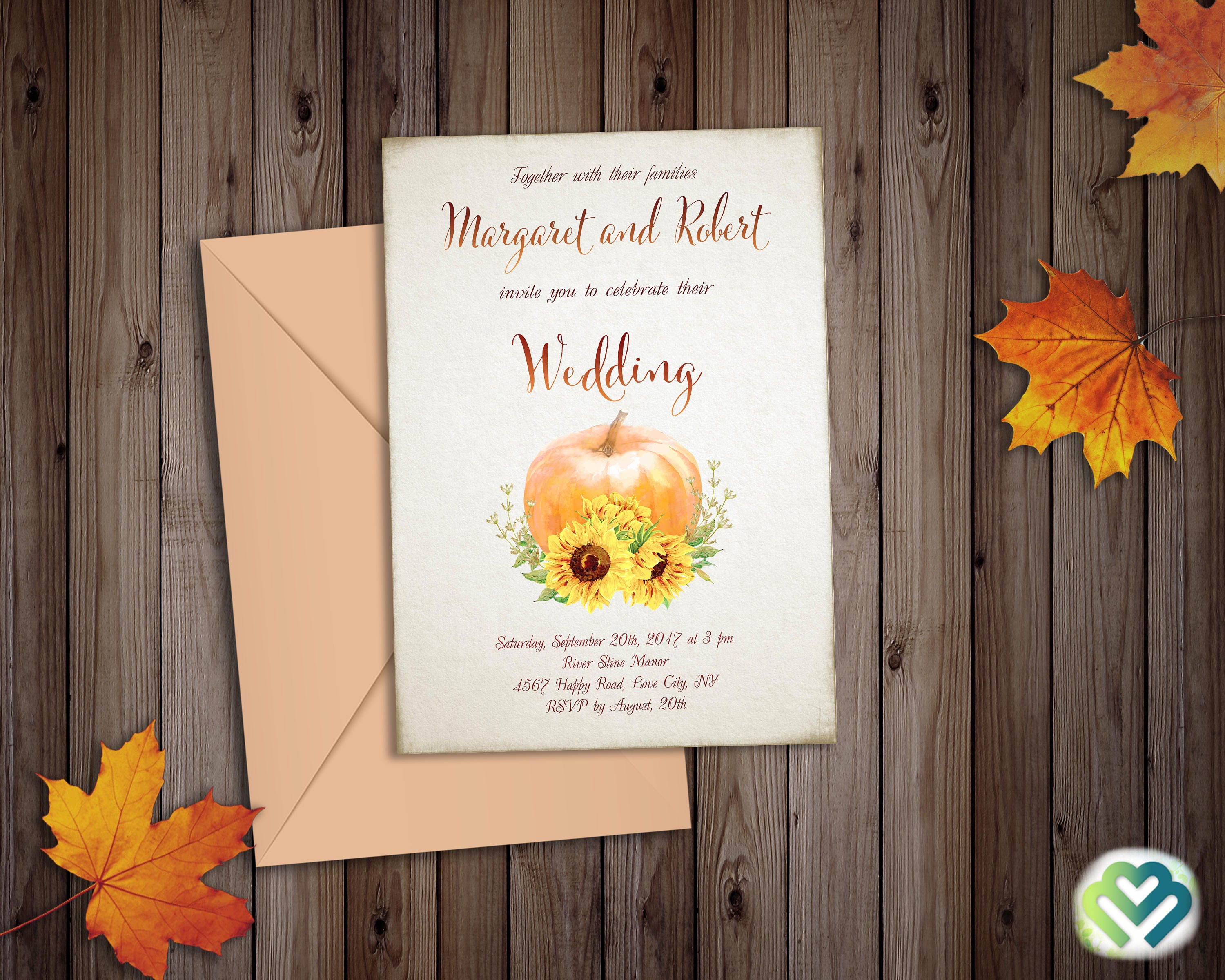 Sunflowers Pumpkin Fall Wedding Invitation Set Printable | Etsy