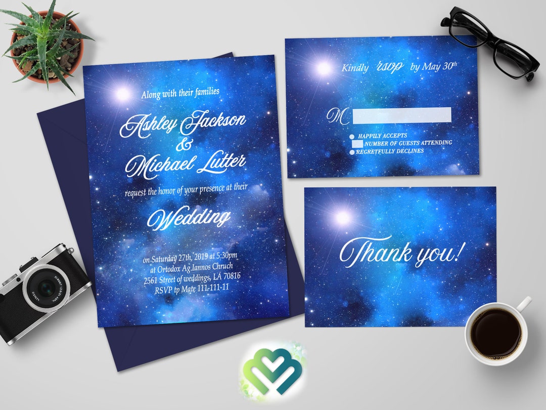 Galaxy Starry Night Wedding Invite Blue Night Wedding Invitation Set ...