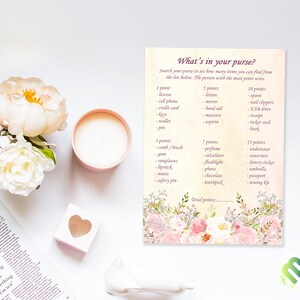 Roses Whats in Your Purse Game Pastel Floral Bridal Shower Purse Game ...