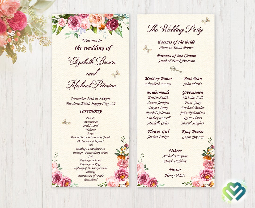 Rustic Floral Wedding Program Printable Butterfly Floral Wedding Ceremony Program Reception ...
