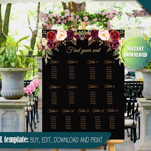 Red and Black Wedding Seating Chart Template - Etsy