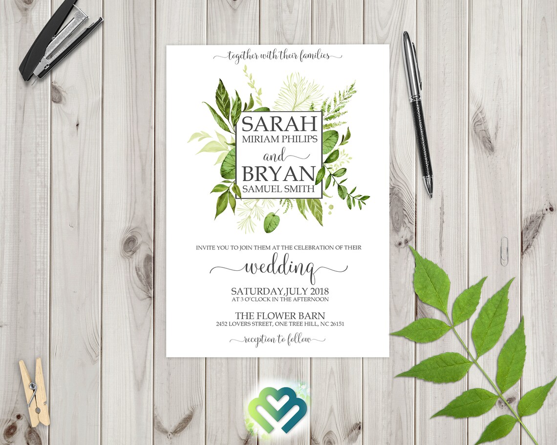 Woodland Wedding Invitation Garden Wedding Modern Nature Green Leaves ...