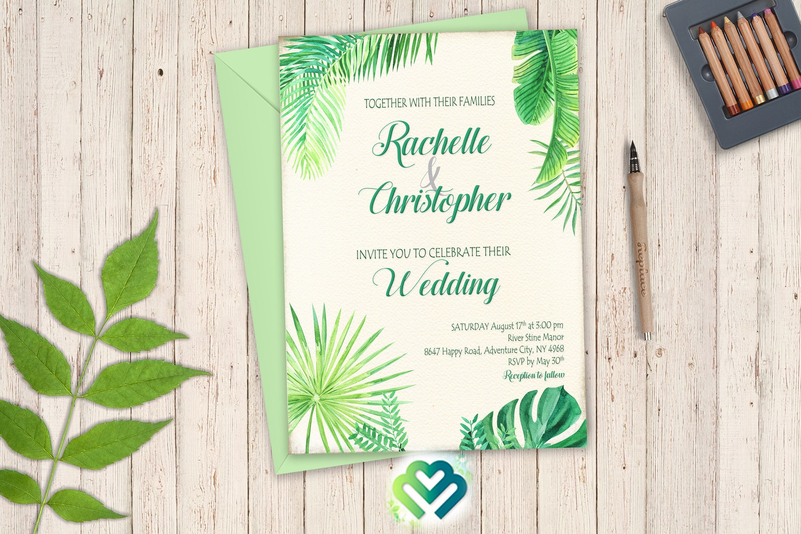 Tropical Wedding Invitation Destination Wedding Tropical Greenery ...