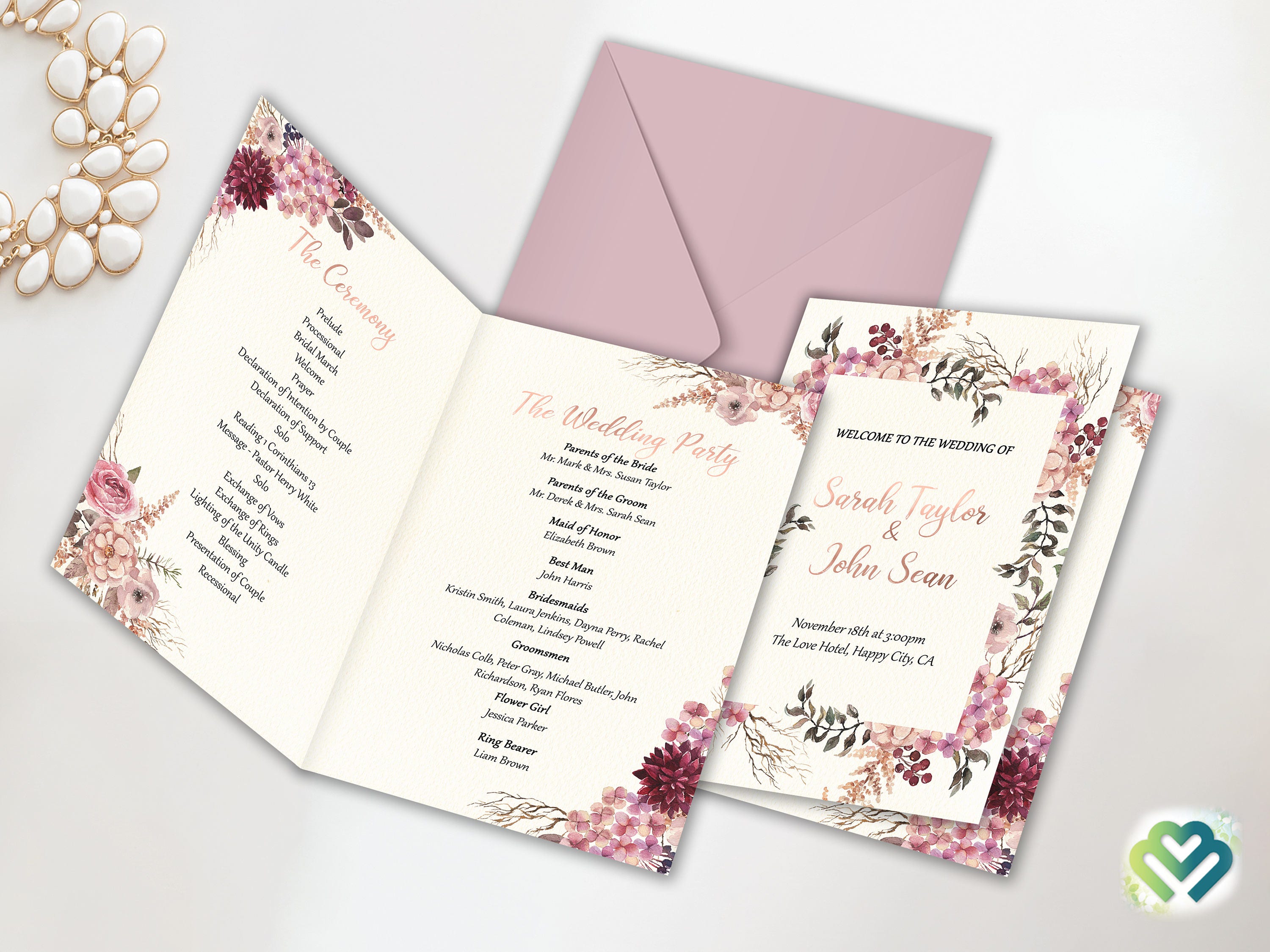 Burgundy Floral Folded Wedding Program Printable Wedding | Etsy