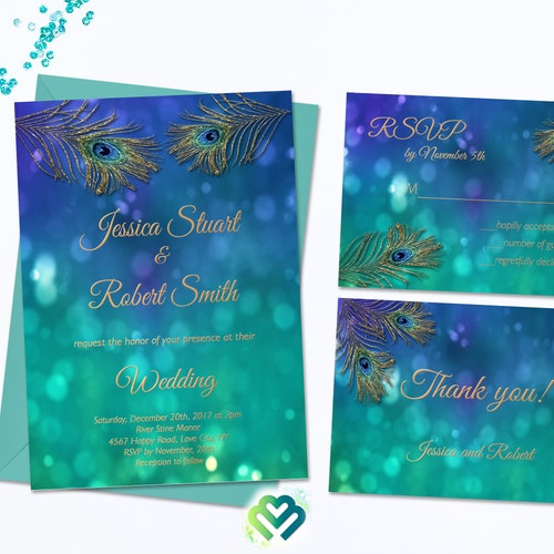 Peacock Wedding Invitation Set Blue Peacock Wedding Invite - Etsy