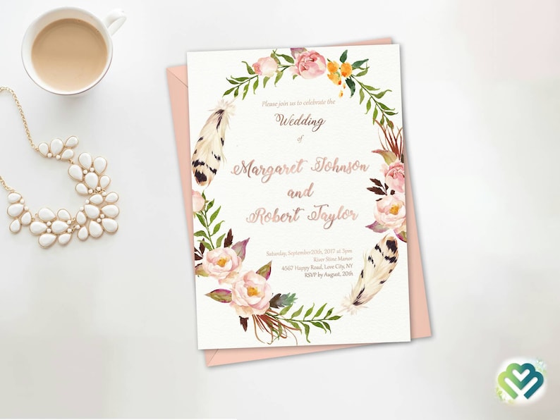 Rose Gold Floral Wedding Invitation Floral Spring Wedding - Etsy
