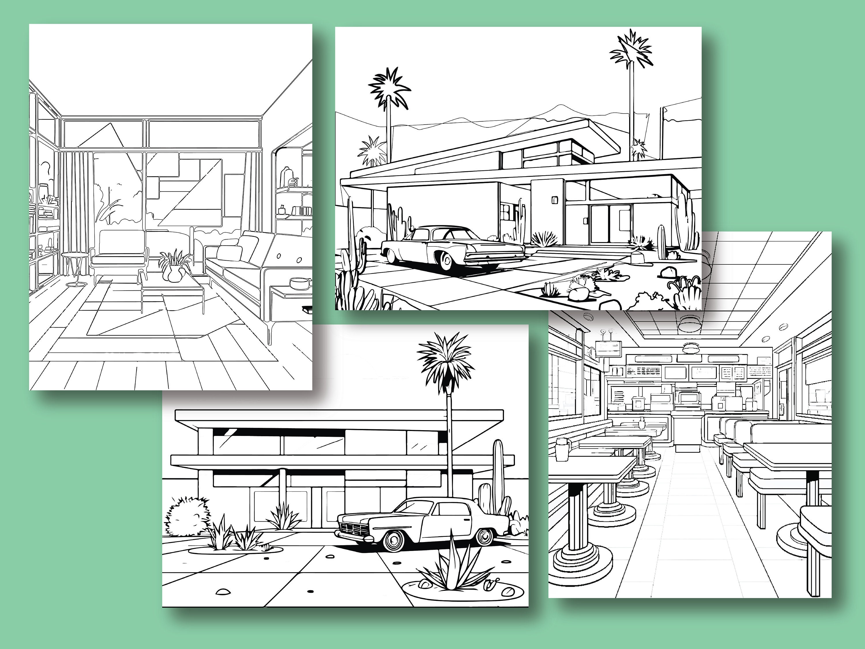 Midcentury Modern Coloring Pages, 1960s Coloring Book, Midcentury ...