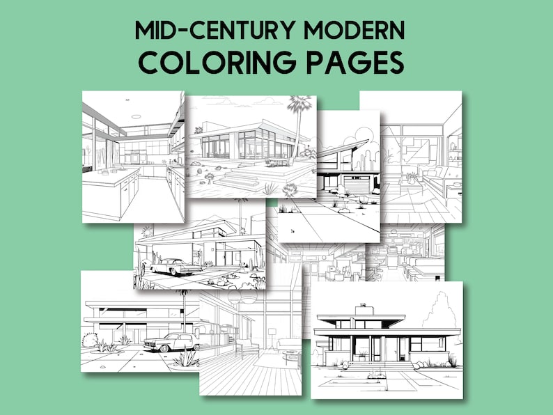 Midcentury Modern Coloring Pages, 1960s Coloring Book, Midcentury Modern Homes and Architecture ...