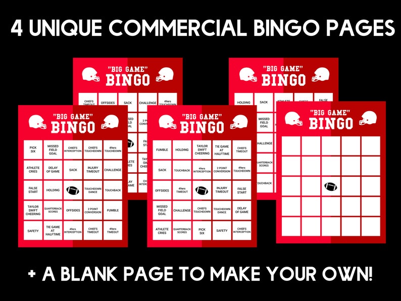 Super Bowl Party Games 2024, Big Game, Commercial Bingo, 49ers Chiefs ...