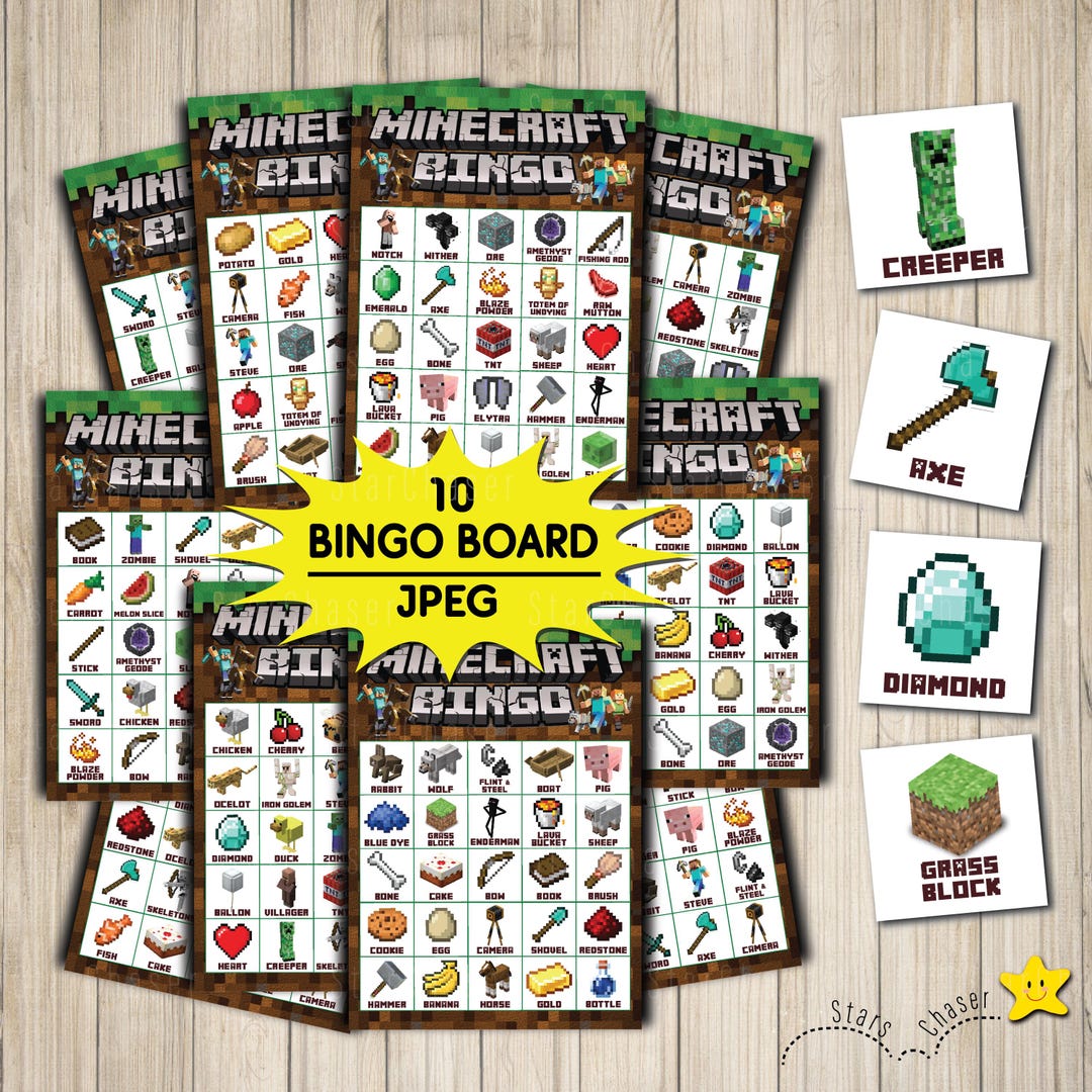 Digital Minecraft Bingo Game – 10 Printable Boards, Party Mini Game ...