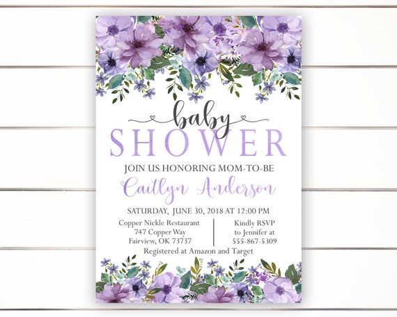 Purple Floral Baby Shower Template Purple Theme Baby Shower Invitation