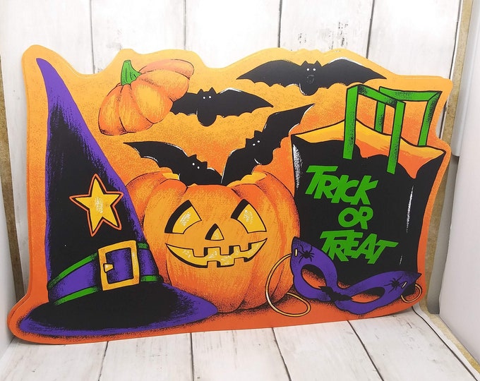 Vintage Vinyl Halloween Placemats Set of 2 Colorful Trick or Treat Bags ...