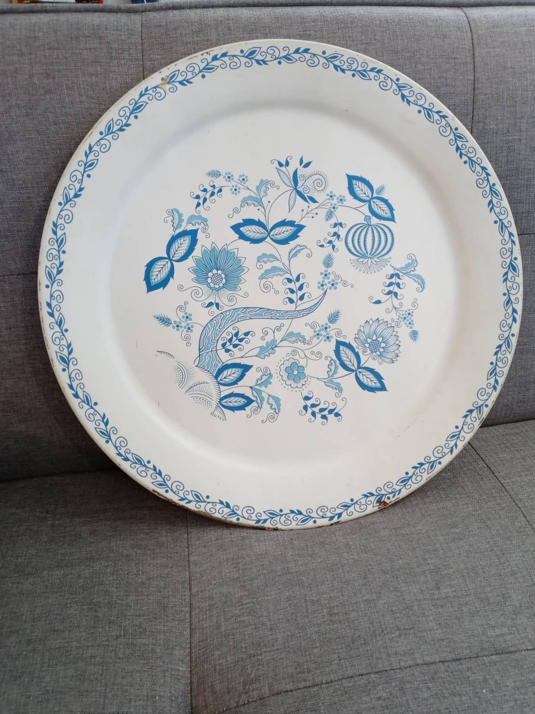 Vintage Blue Onion 19" Metal Tray Blue & White Platter - Etsy