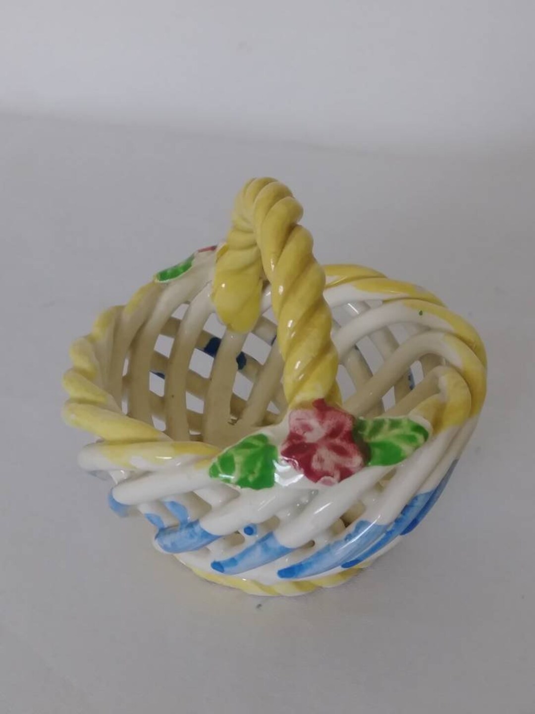 Vintage Open Lace Basket Ceramic Basket Japan Hand Painted Yellow Blue ...
