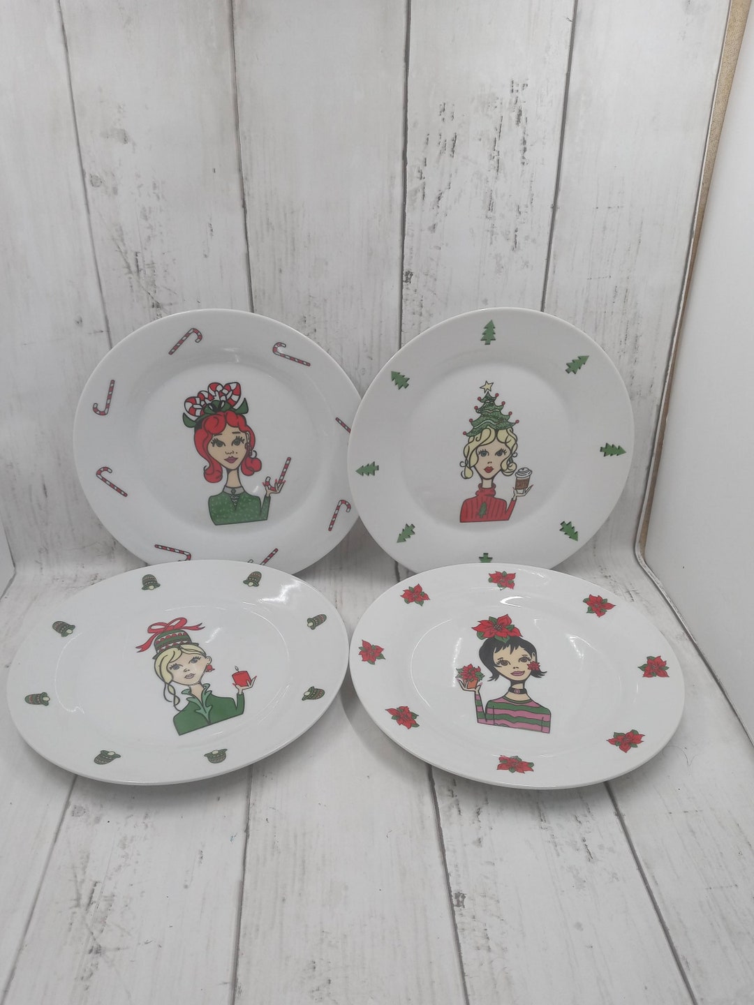Vintage Lady Elf Dessert Plates Set of 4 Pretty Girl Elves Christmas ...