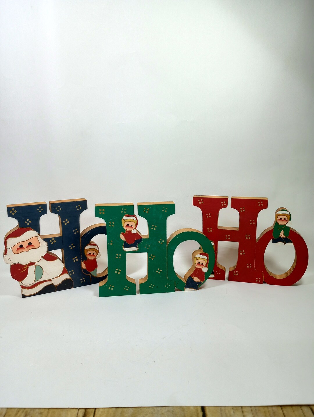 Vtg Christmas Ho Ho Ho Wooden Santa Claus & Elves Country Christmas ...