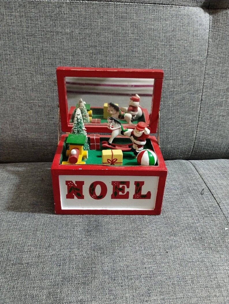 Vtg Wood Music Box Animated Santa Train Tree Rocking Horse Christmas - Etsy