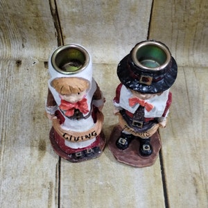 Vintage Pilgrim Candle Sticks Figures Set of 2 Thanksgiving Holiday ...