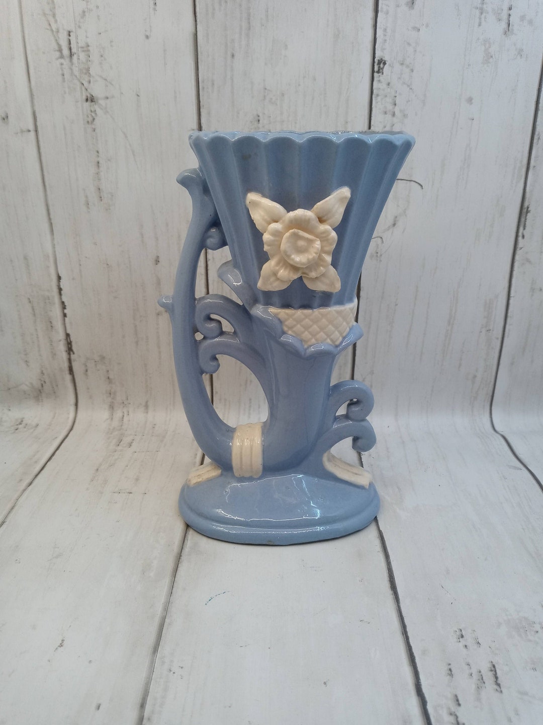 Vtg Blue Ceramic Vase White Flower and Trim Japan - Etsy