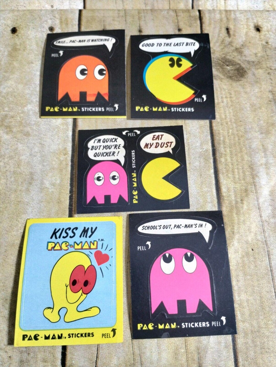 1980 FLEER PAC-MAN Stickers 5 Card Lot Nice Condition #18, 25, 26, 30 ...